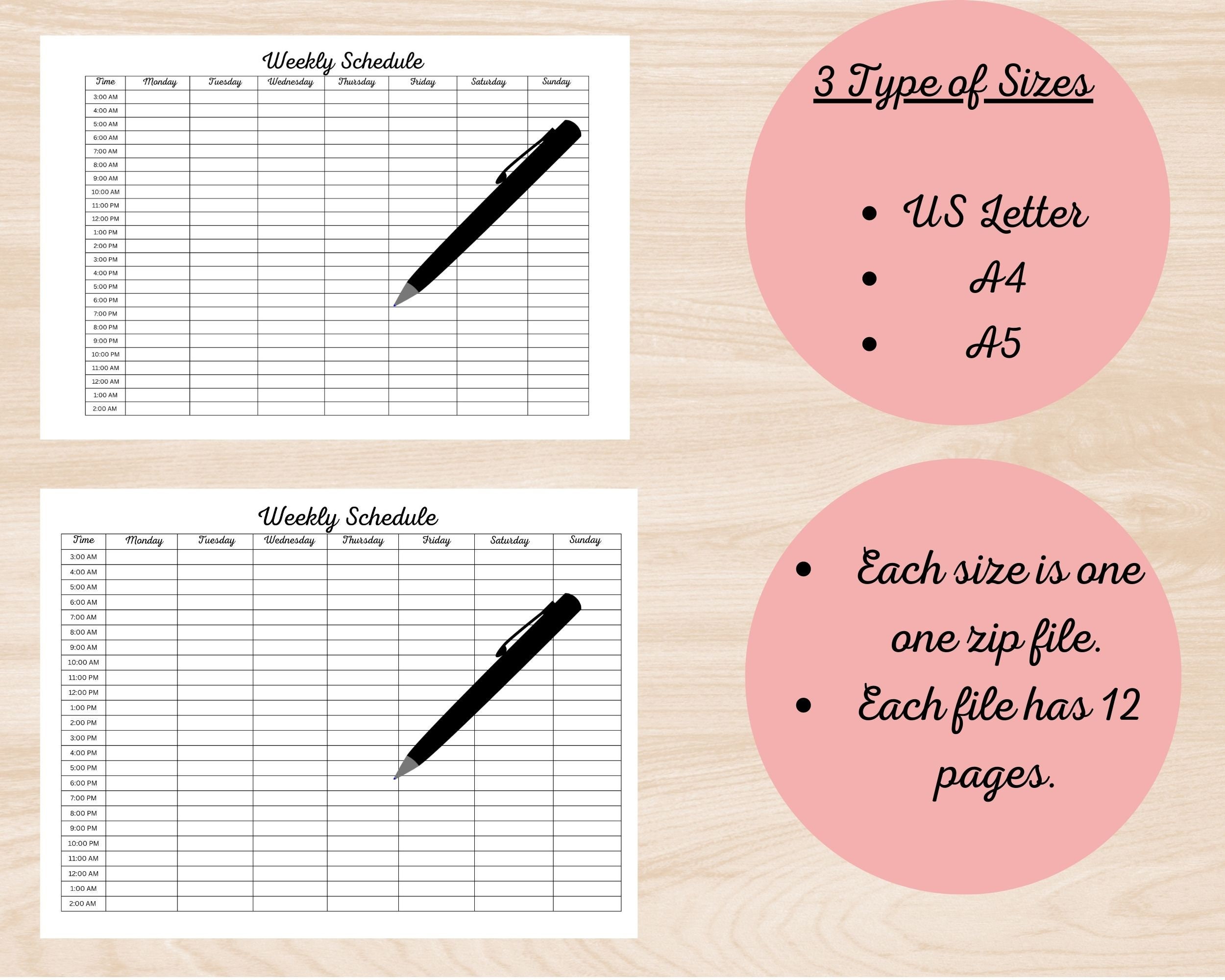 Easy & Simple 24 Hour Weekly Schedule Planner, Instant Download ...