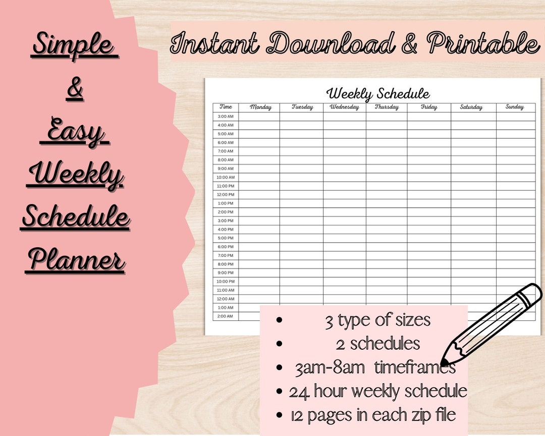 Easy & Simple 24 Hour Weekly Schedule Planner, Instant Download ...