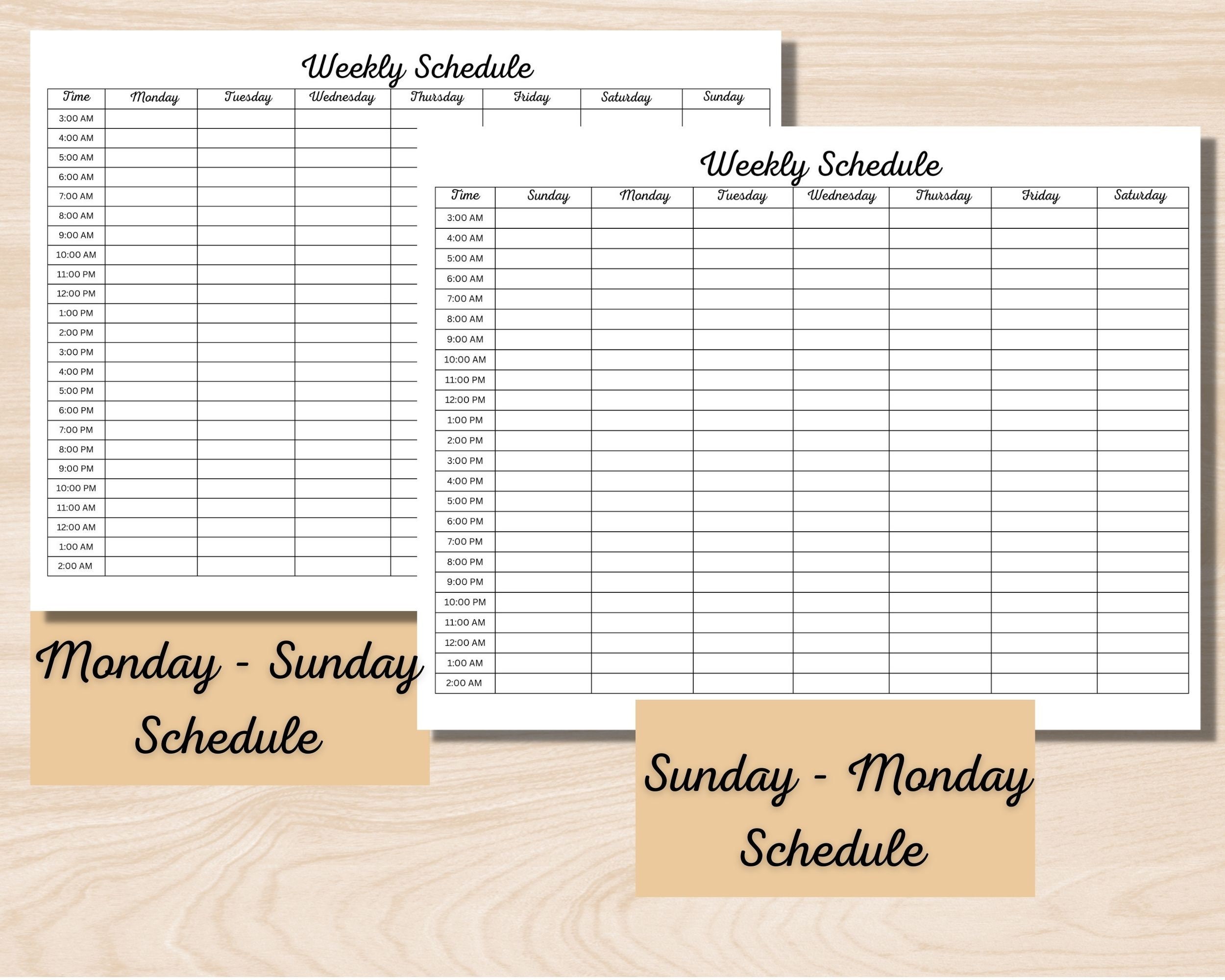 Easy & Simple 24 Hour Weekly Schedule Planner, Instant Download ...