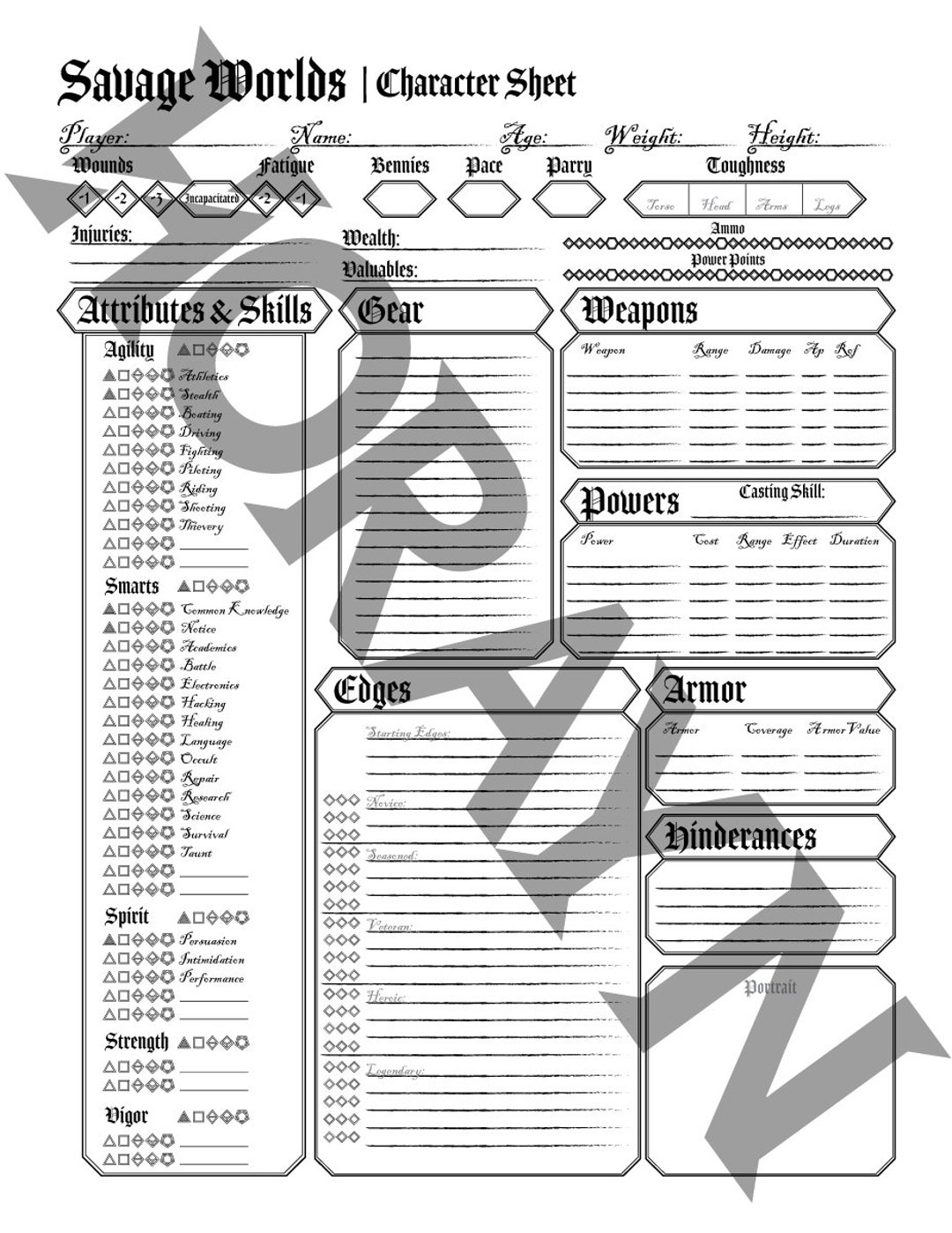 Gothic Lite Character Sheet for Savage Worlds - Etsy