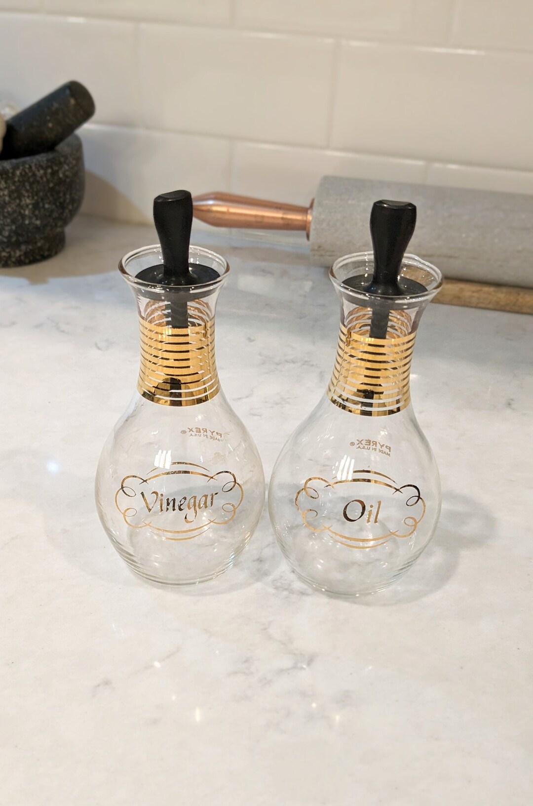Set of Vintage Glass Pyrex Oil and Vinegar Cruets With Stoppers - Etsy