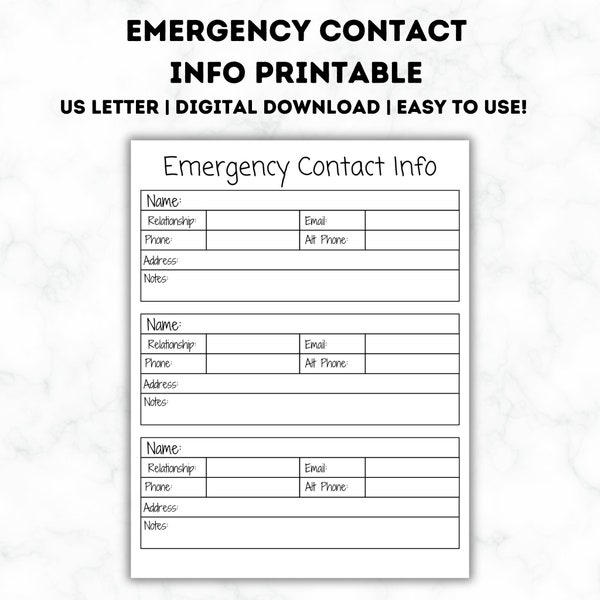 Emergency Contact List Card - Etsy