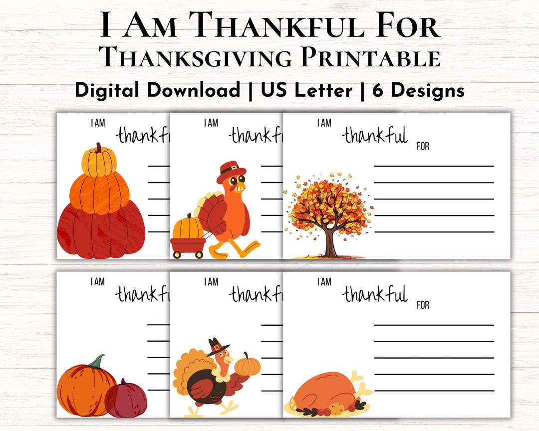 I Am Thankful Cards, Thanksgiving Card Printable, I Am Thankful for ...