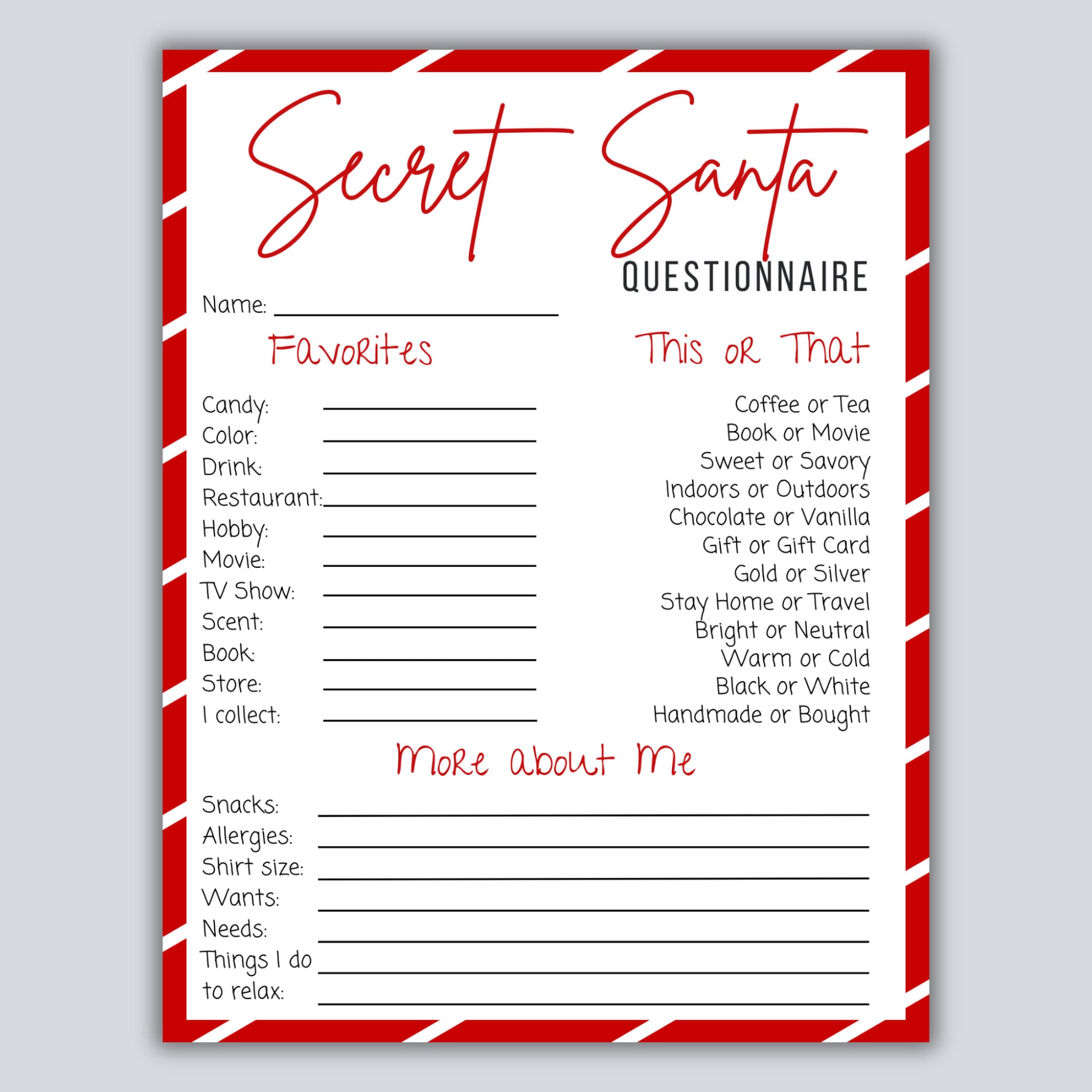 Secret Santa Questionnaire, Secret Santa Questionnaire Printable ...