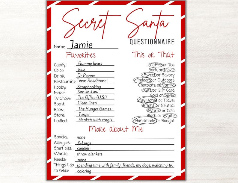Secret Santa Questionnaire Secret Santa Questionnaire - Etsy