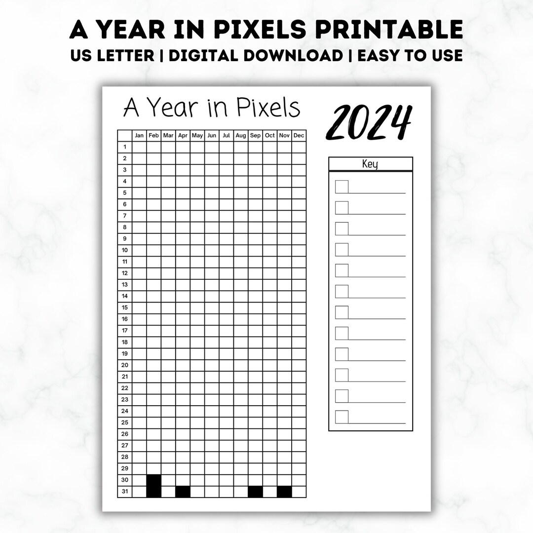 Year in Pixels Tracker Printable, Mental Health & Self Care, Year in ...