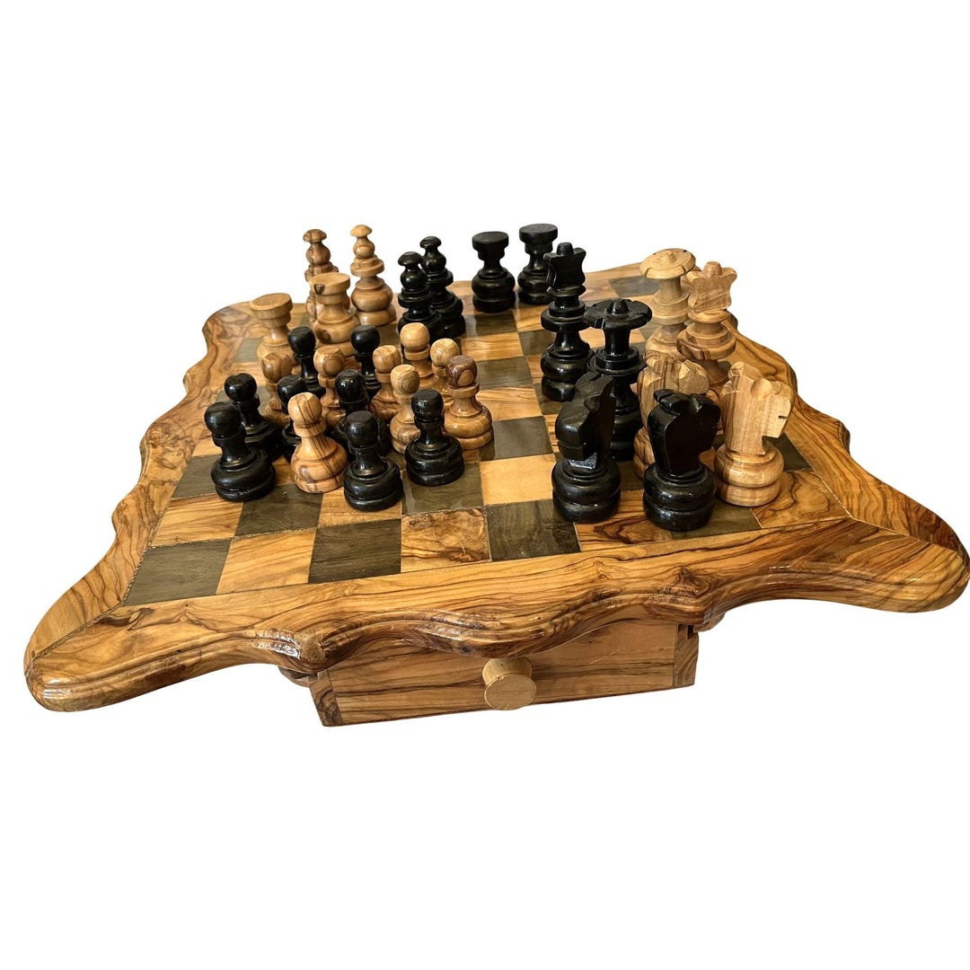 Handmade Olive Wood Chess Set With Storage Drawers 12" X 3" Natural ...