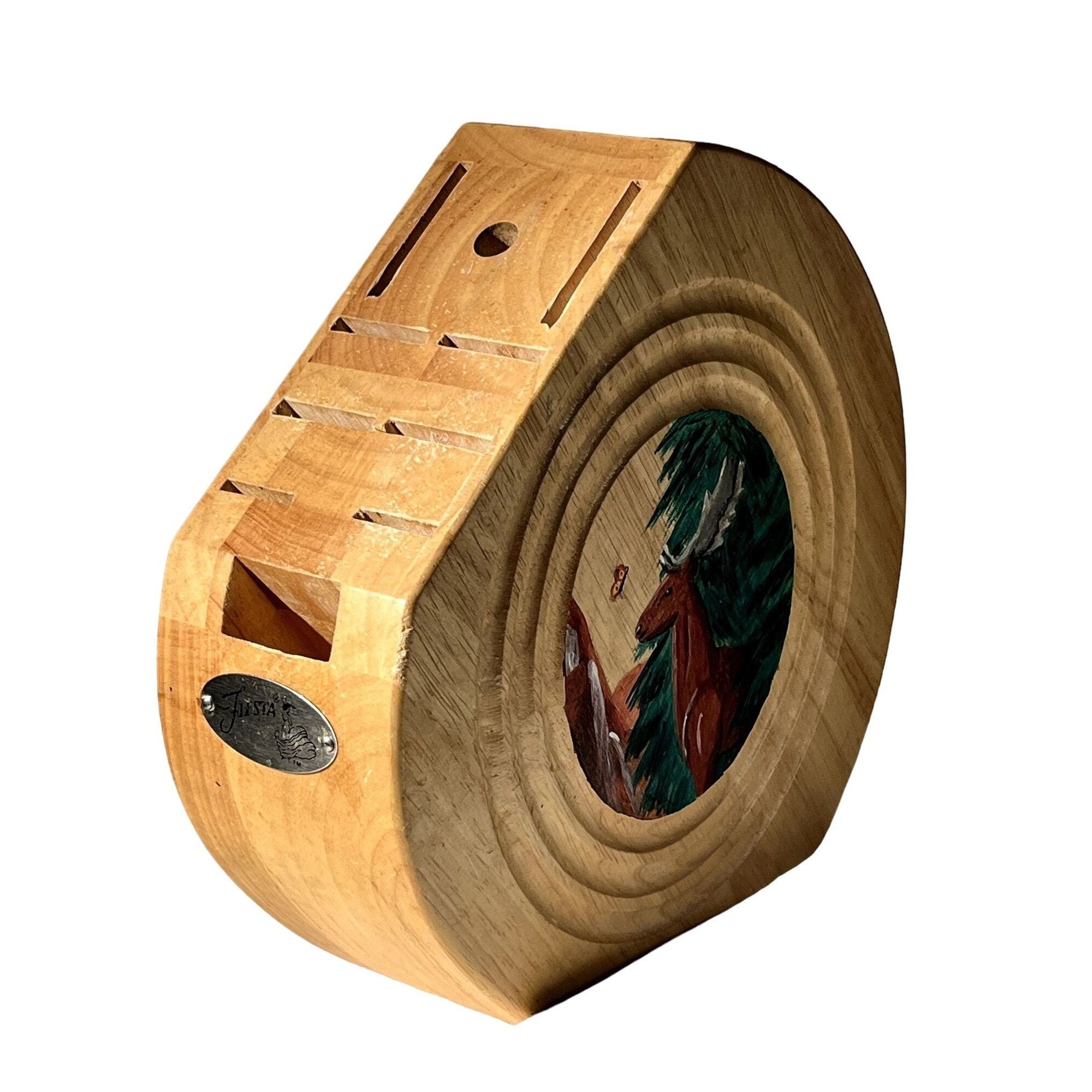 MCM Fiesta Knife Block Natural Wood Handpainted Disc Shape EUC - Etsy