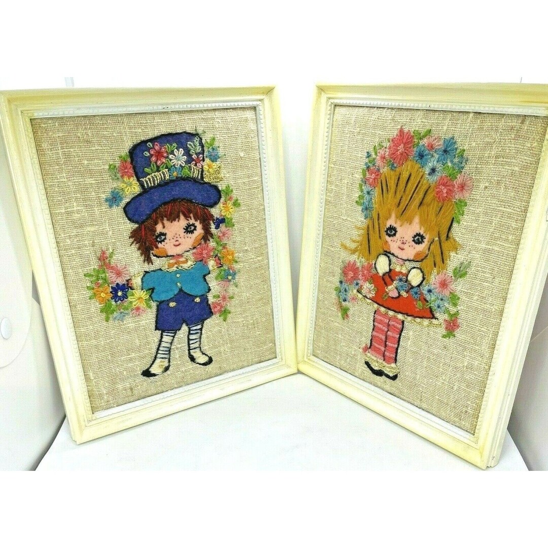 Vintage Crewel Embroidery Barbara Keane's BIG EYES Boy & Girl Pair MCM ...