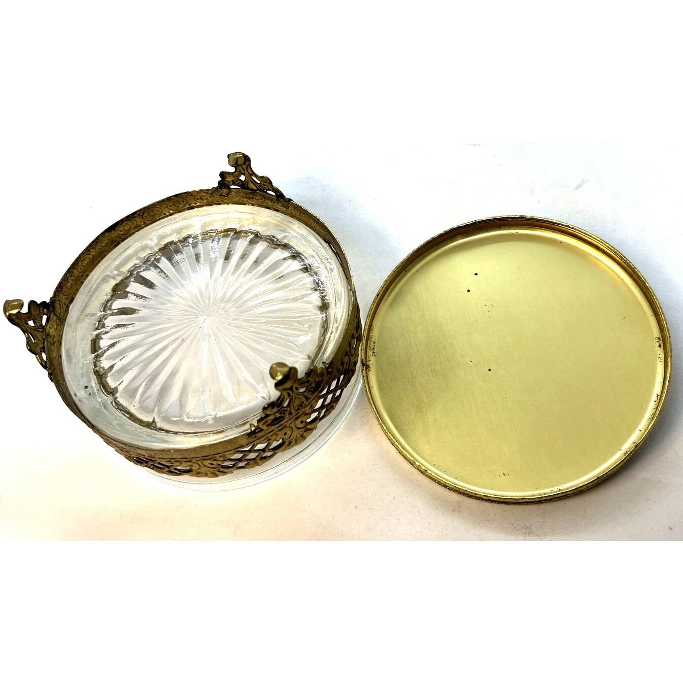 Hollywood Regency Gold Metal Fan Design Jewelry Box Rose Wreath Lid ...
