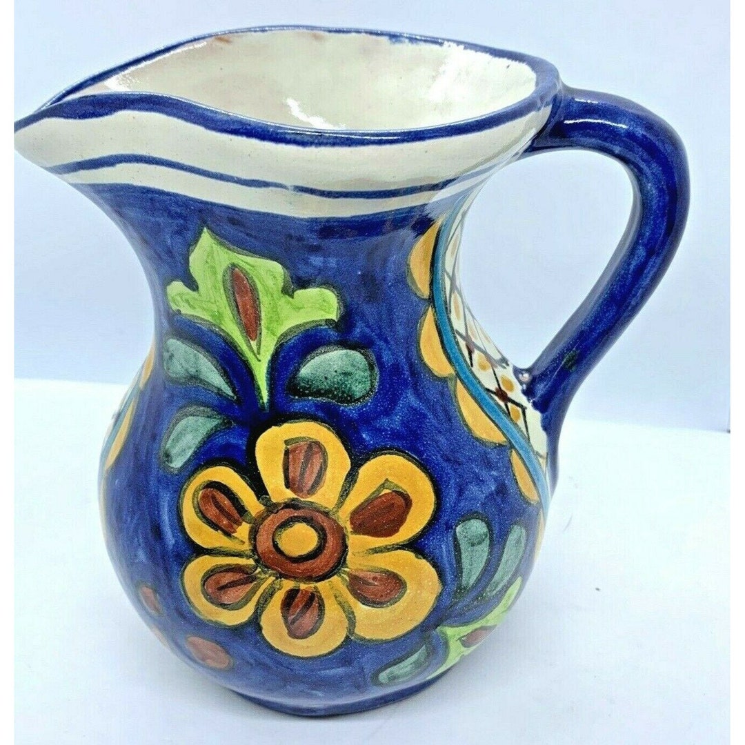 VTG Talavera Ceramic Flower Water Pitcher Folk Art Pottery E. Ortiz ...