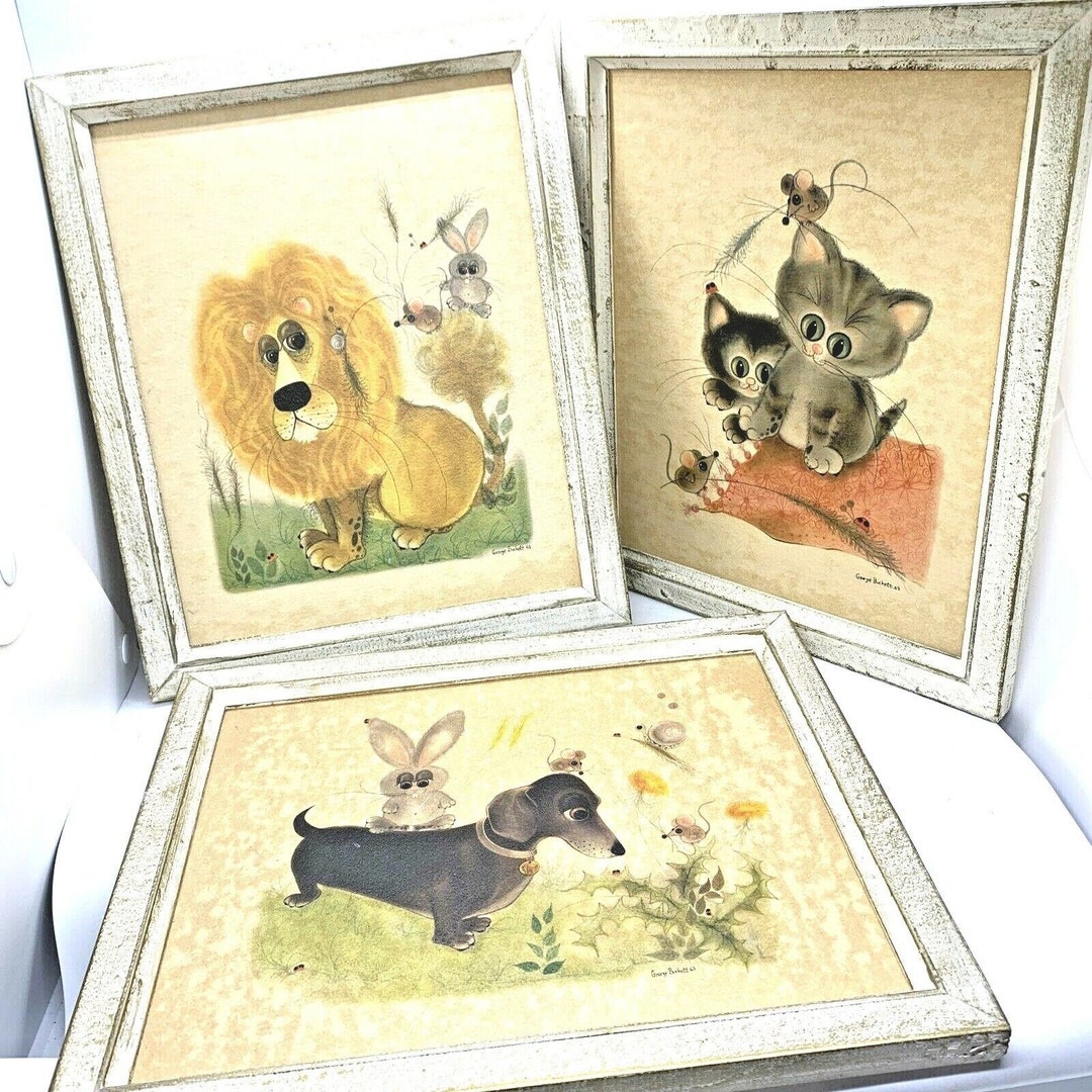 George Buckett Lithos 1963 Dachshund Kitties Lion Original Frame Signed ...