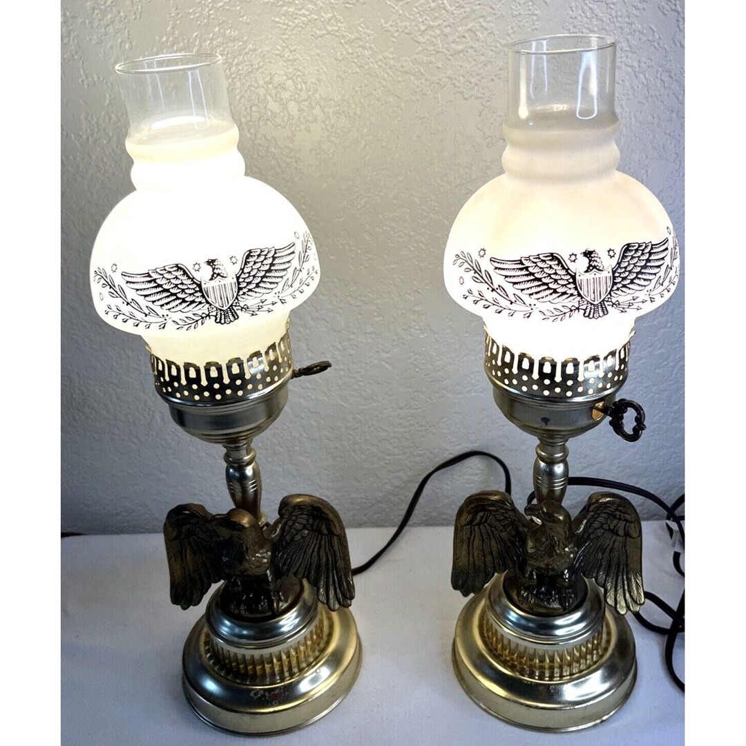 Pair Eagle Federal Style Brass MCM Table Lamps With Frosted Glass ...