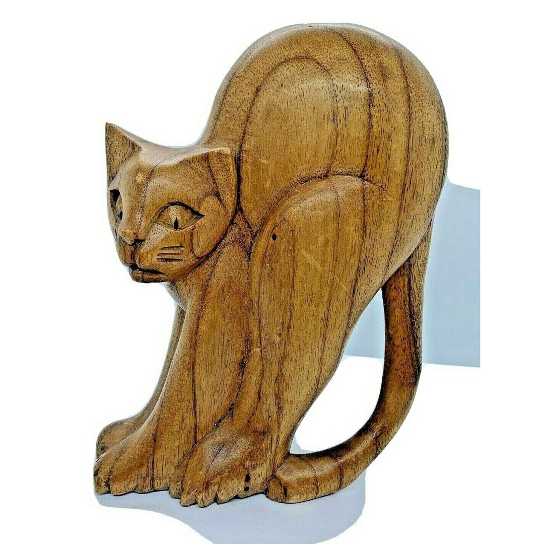 Hand Carved Wooden Cat Hunched Posture Spooky Expressive Halloween - Etsy