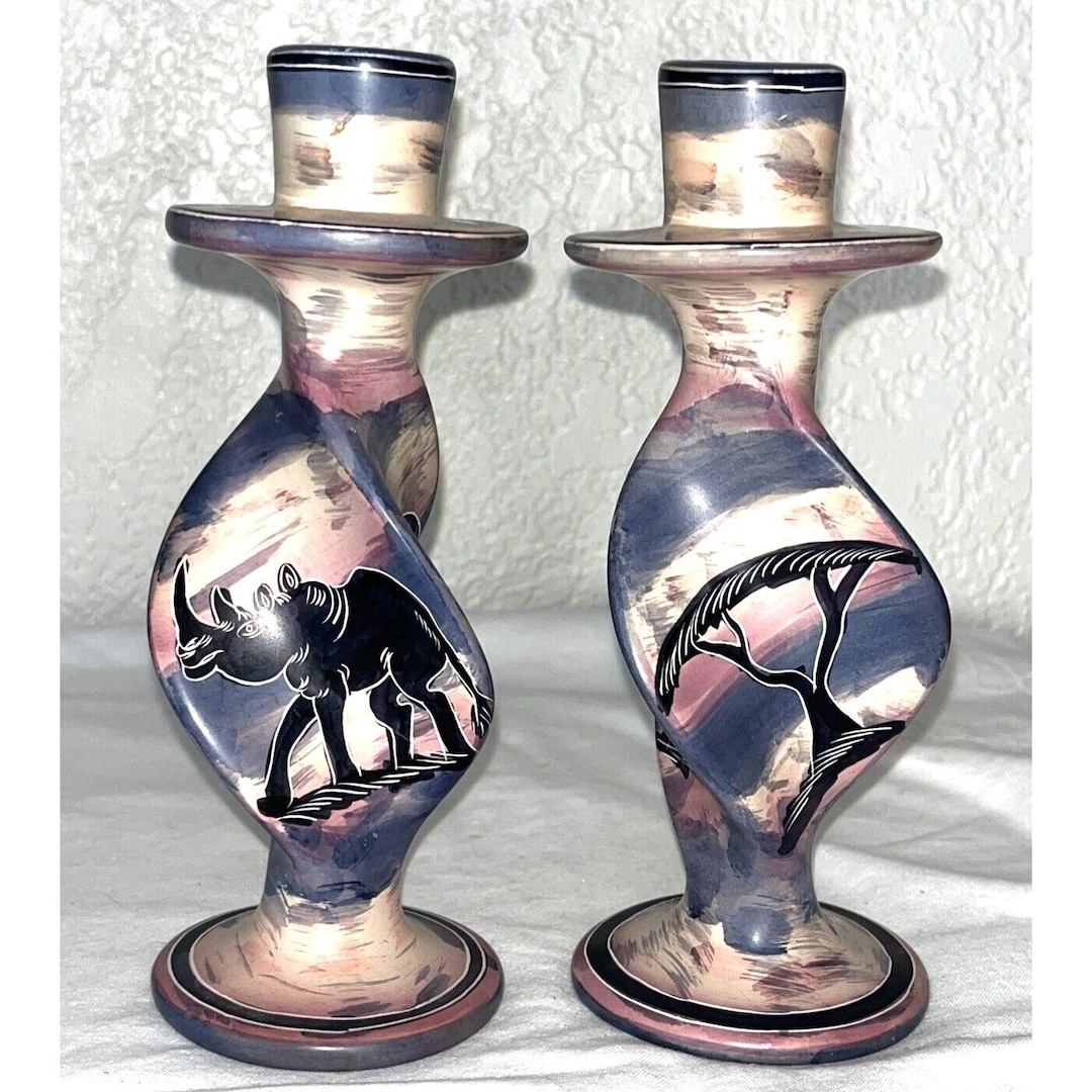 African Soapstone Candle Holders Handmade Painted Pink Blue - Etsy
