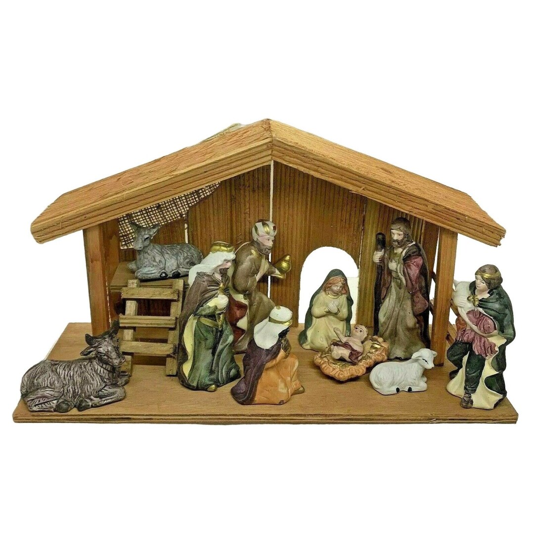 12 Piece Handpainted Porcelain Nativity Scene With Rustic Manger ...