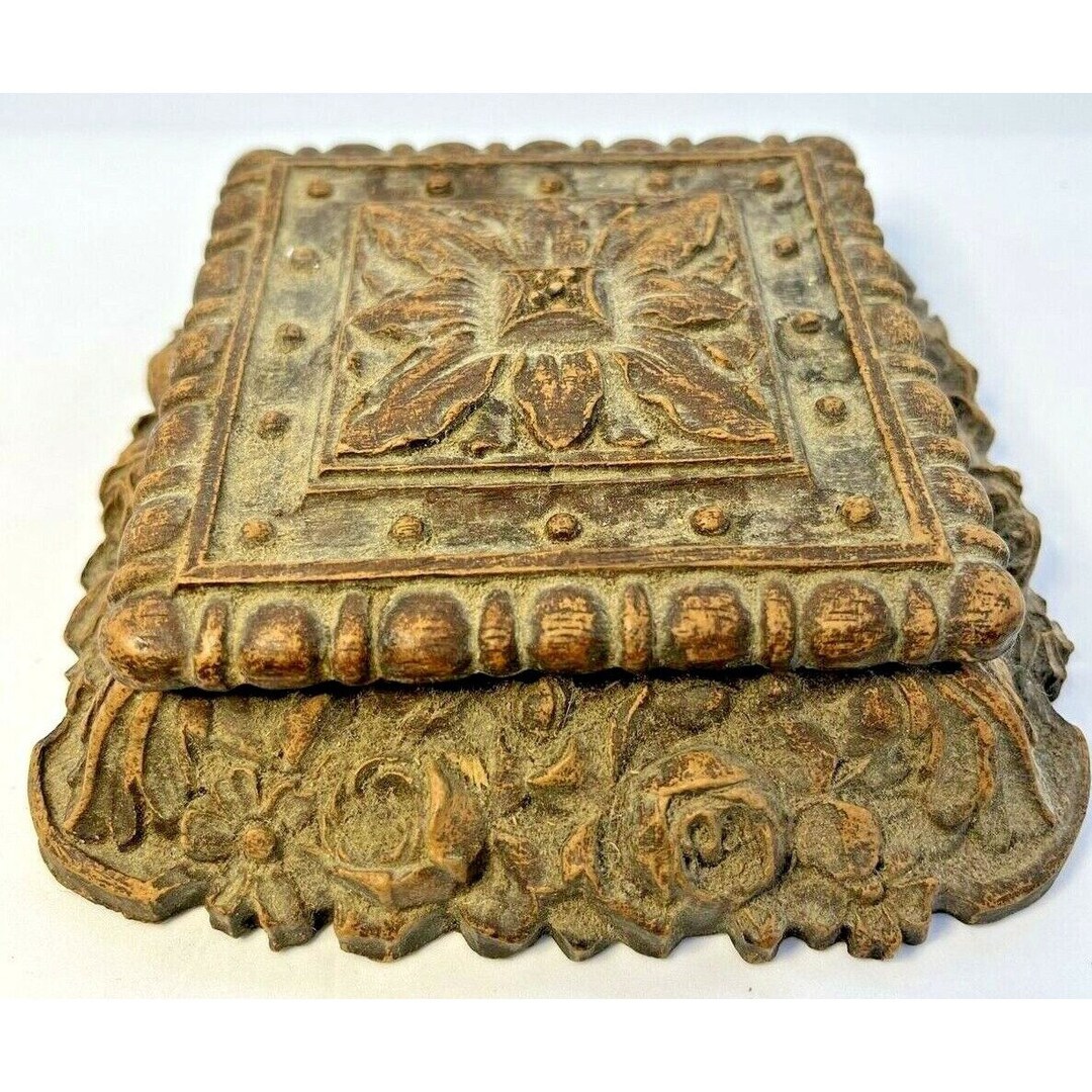Vintage SYROCO Wood Art Ornate Square Trinket Jewelry Box With Lid Rose ...