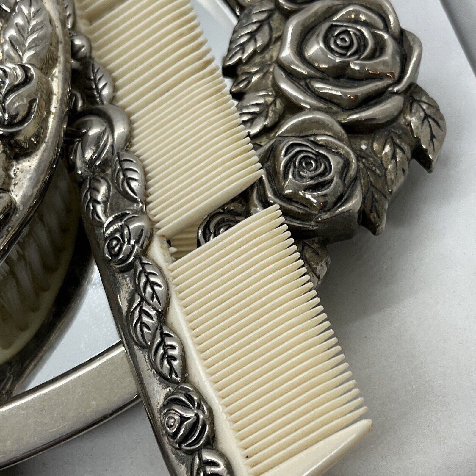 Godinger GSA Silver Plated Roses Mirror Brush Comb Tray Vanity Set ...