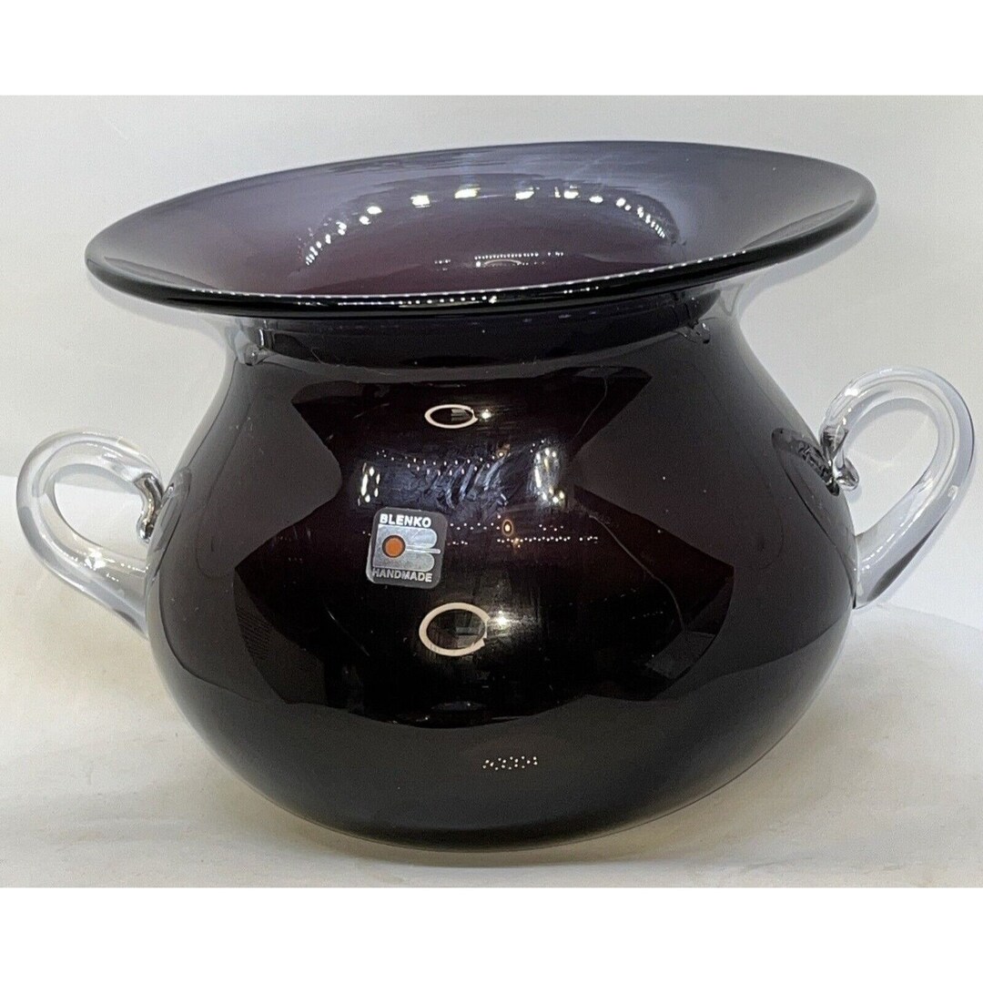 Blenko Purple Amethyst Bulbous Handblown Vase Rim Clear Handles - Etsy