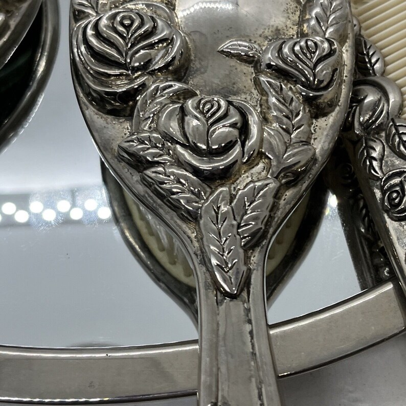 Godinger GSA Silver Plated Roses Mirror Brush Comb Tray Vanity Set ...