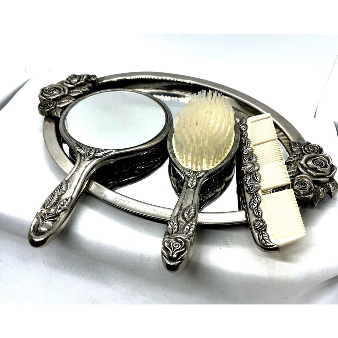 Godinger GSA Silver Plated Roses Mirror Brush Comb Tray Vanity Set ...