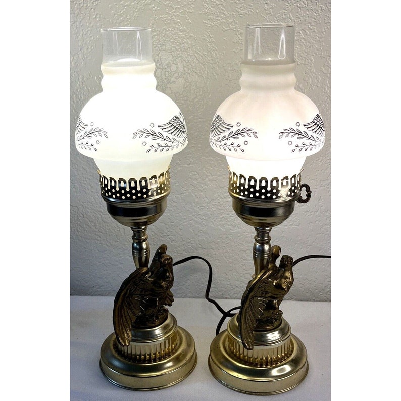 Pair Eagle Federal Style Brass MCM Table Lamps With Frosted - Etsy