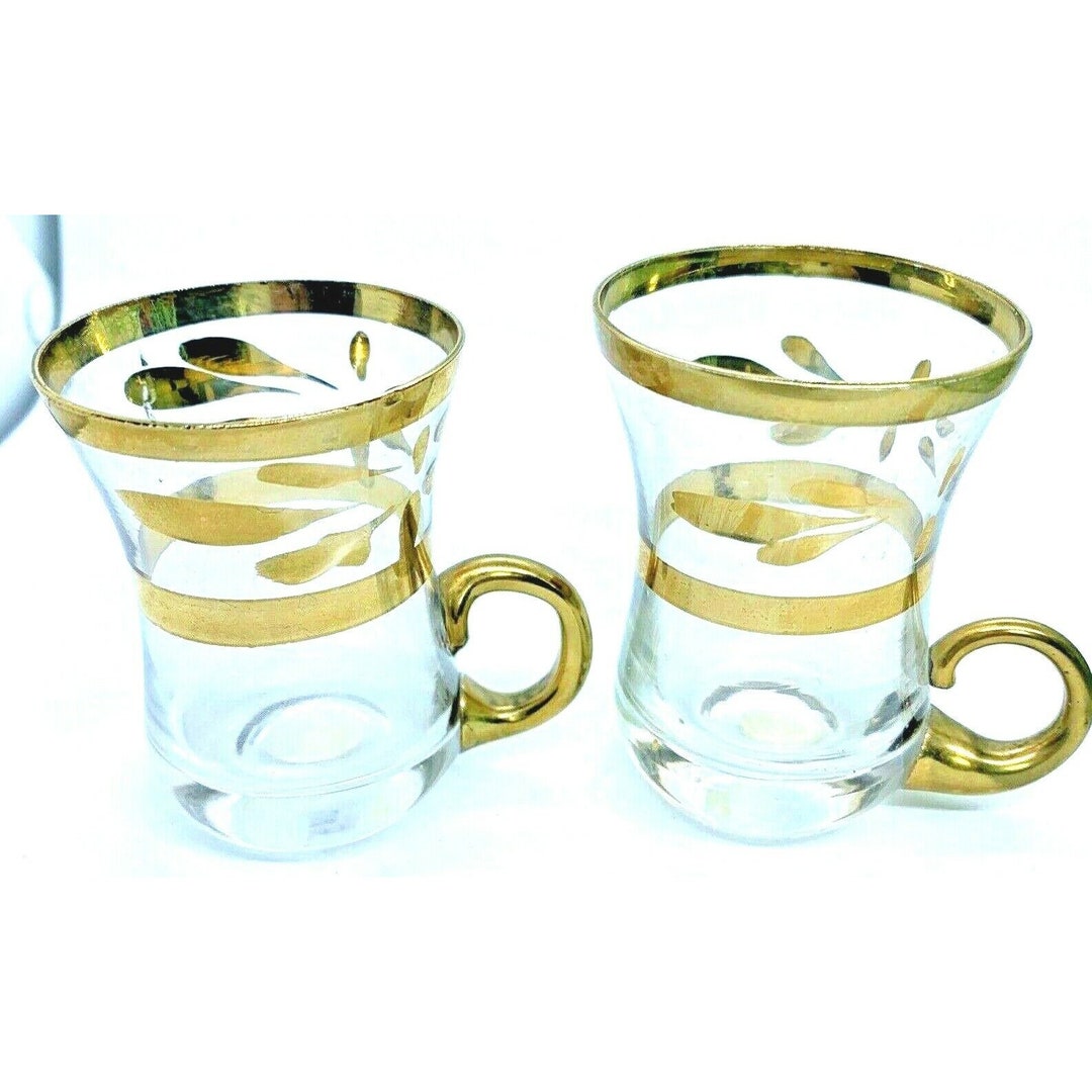 Vintage Romanian Floral Sherry Shot Glass Set Gold Trim Applied Handle ...