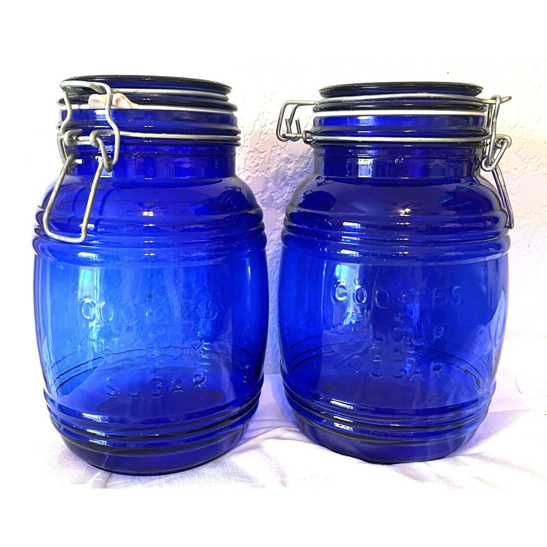 Pair Cracker Barrel Cobalt Blue Cookie Flour & Sugar Glass Cannister ...