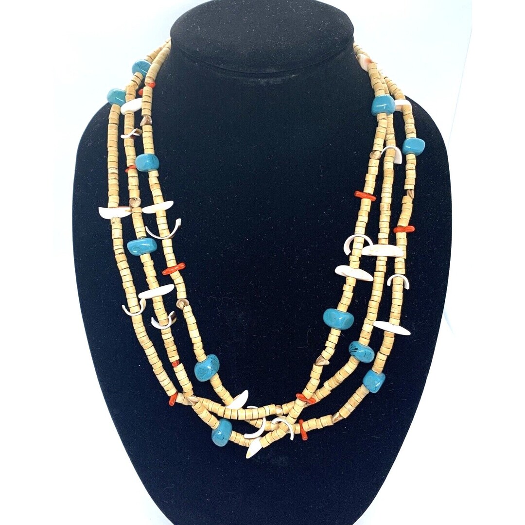 Vintage Three Strand Shell & Mixed Stone Necklace With Fish Hook Clasp ...