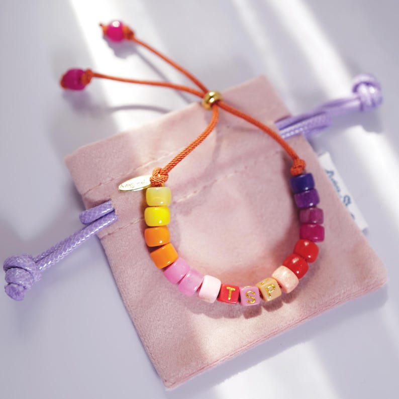 Adjustable Rainbow Gemstone Pony Bead Bracelet: Custom Initial Charm - Etsy