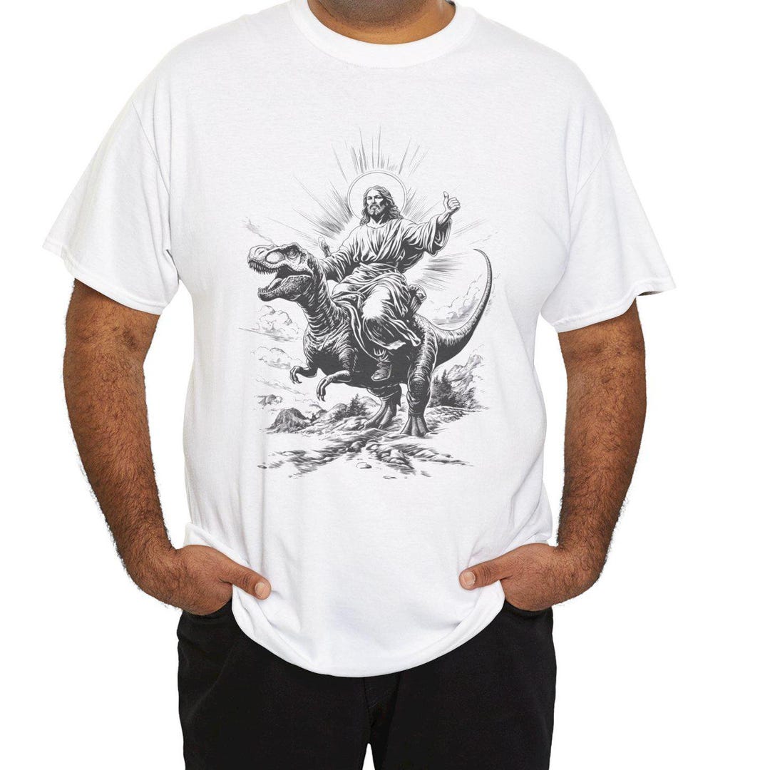 Jesus Riding T-rex T-shirt, Thumbs up Tee, Funny Religious Shirt ...