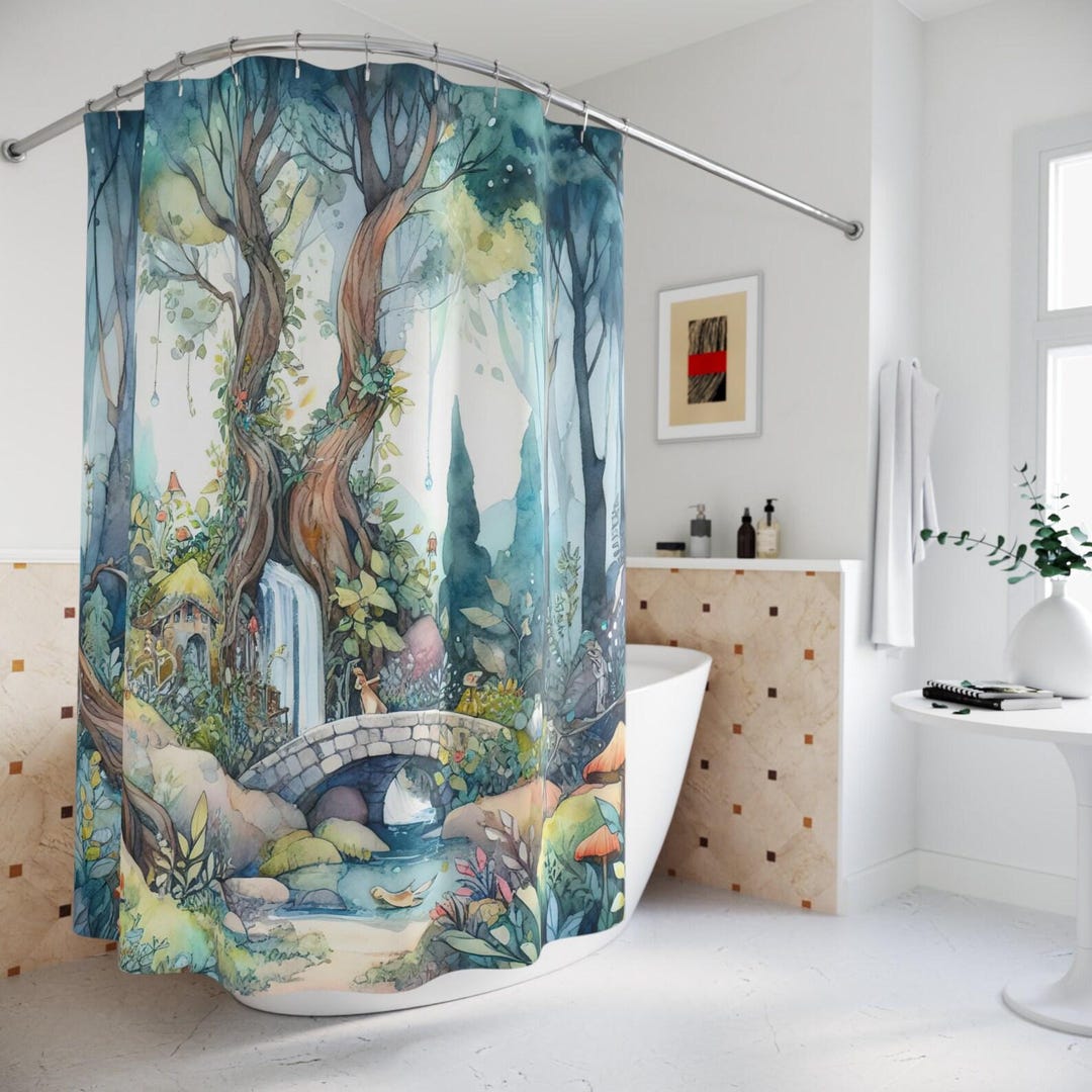 Enchanted Fairy Garden Bridge Shower Curtain Watercolor Forest Fantasy ...