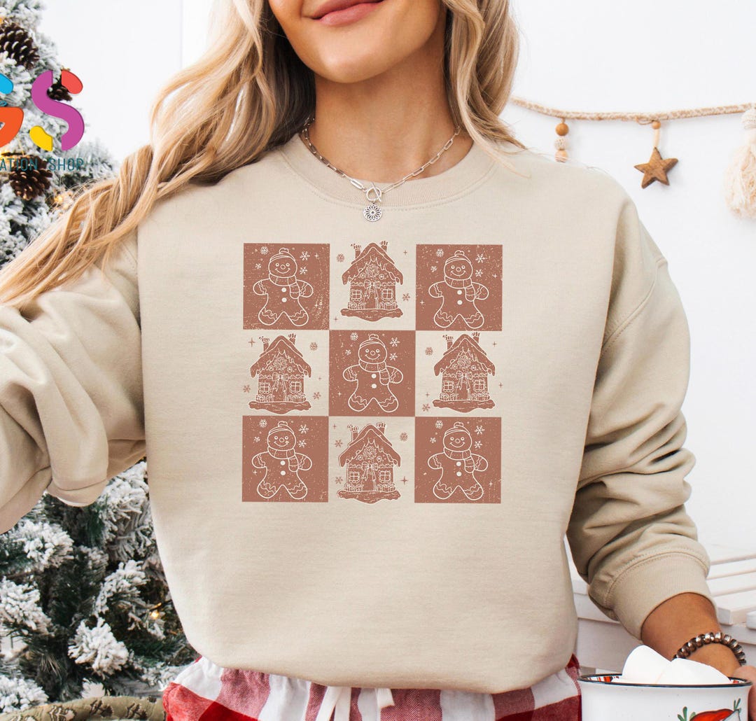 Checkered Gingerbread Man and Gingerbread House Sweater, Retro ...