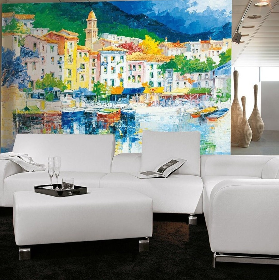Impressionist Paint Wall Mural 144wx100h Italy Harbor Warm Colorful ...
