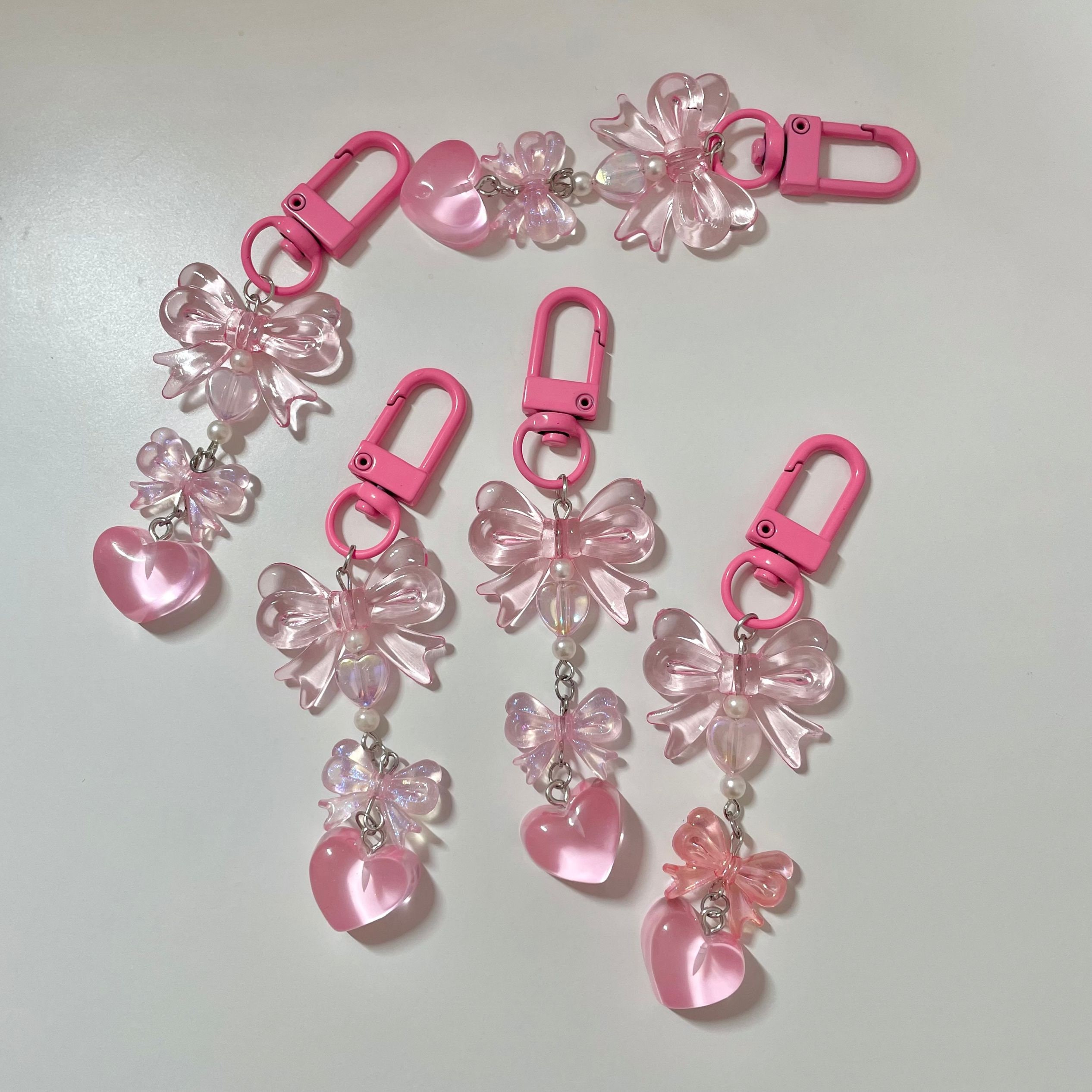 Cute Pink Beaded Bow and Heart Keychain for Kpop Photocard - Etsy