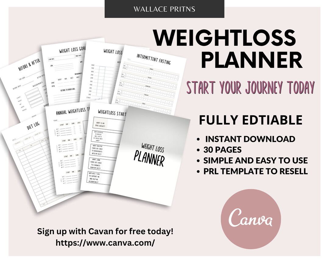 30 Page Weightloss Digital Planner / PRL Template Editable - Etsy