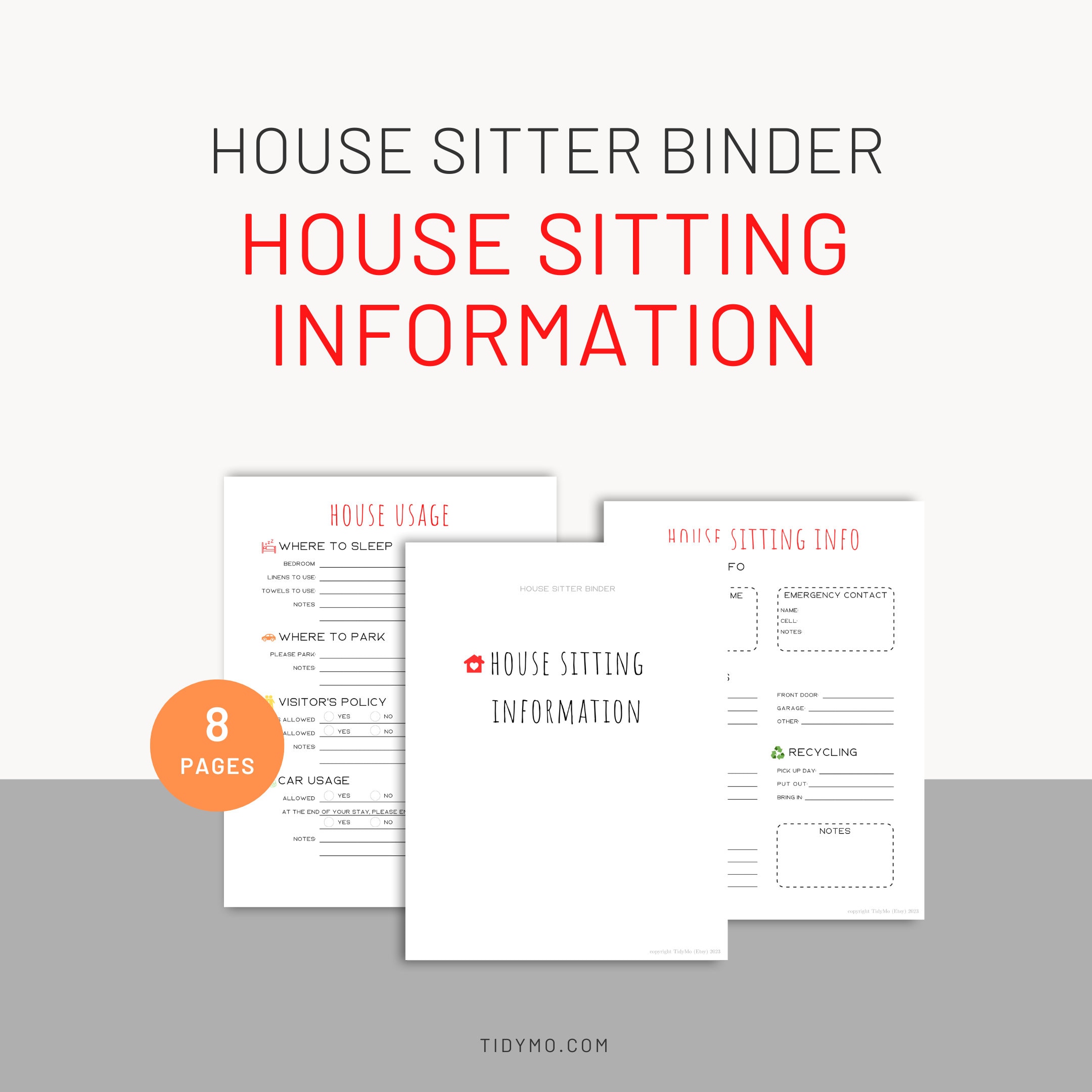 House Sitter Binder |house Sitter Instructions Printable |house Sitter ...