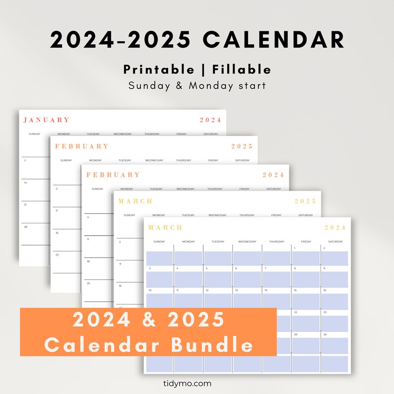 Printable Editable 2024 & 2025 Landscape Monthly Calendar Bundle ...