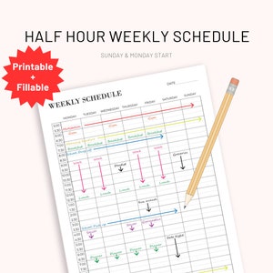 Weekly Schedule, Half Hour Daily Schedule Template, Printable Weekly ...