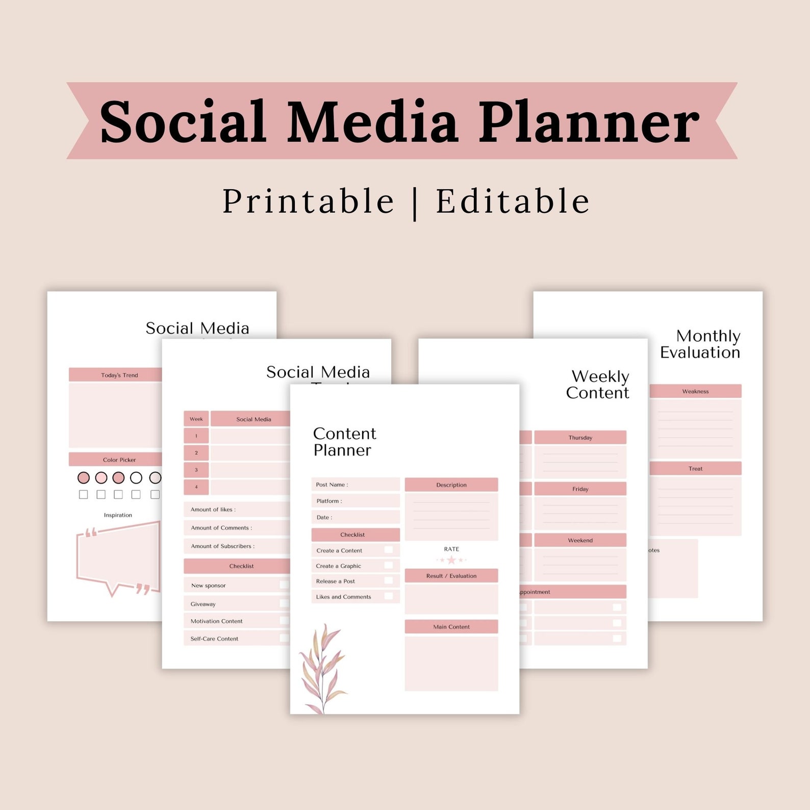 Social Media Content Planner – Printable & Editable, Weekly Template ...