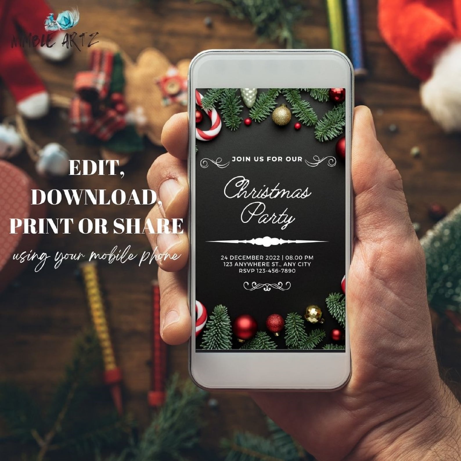 Christmas Party Invitation - Editable Christmas Themed Party Invitation ...