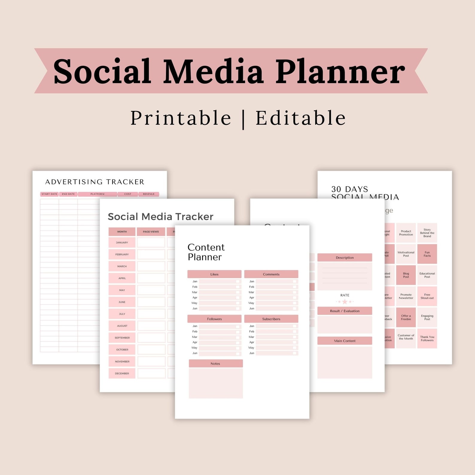 Social Media Content Planner – Printable & Editable, Weekly Template ...