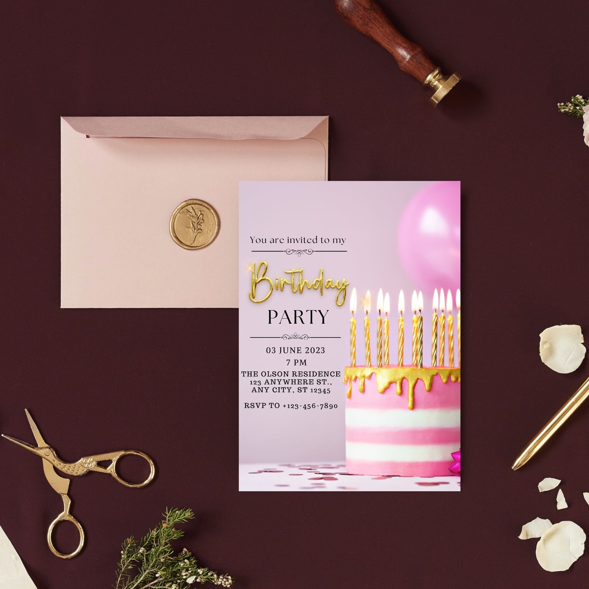 Blush Pink Birthday Party Invitation Template Editable Minimalist