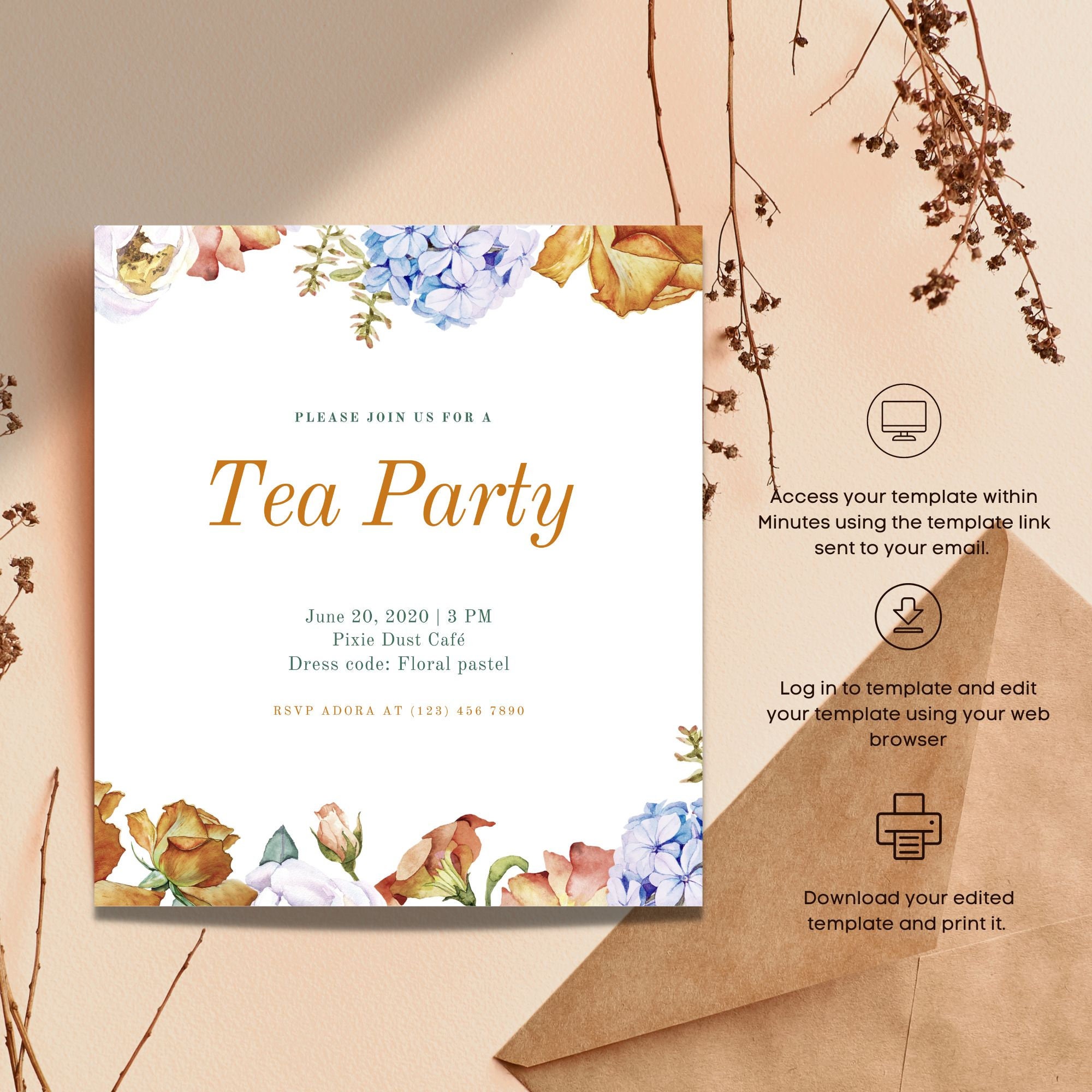 Editable Floral Tea Party Invitation Minimalist Birthday Tea Party ...