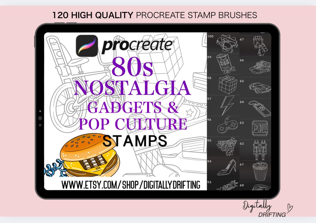 120 Retro 80s Nostalgia Procreate Stamps Digital Brushes Tattoo ...