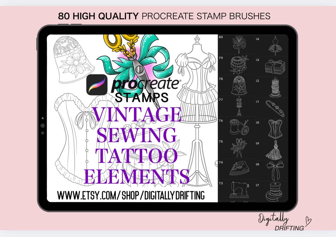 Vintage Sewing Tools Procreate Stamps: Tattoo Outline Stencil (digital ...