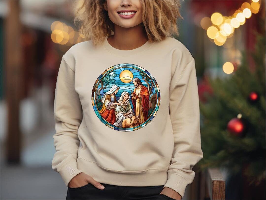 Stained Glass Nativity Christmas Sweatshirt, Christian Landscape ...
