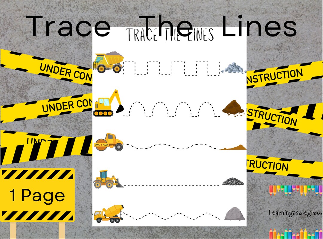 Construction Line Tracing Worksheet, Learning Printable (digital ...
