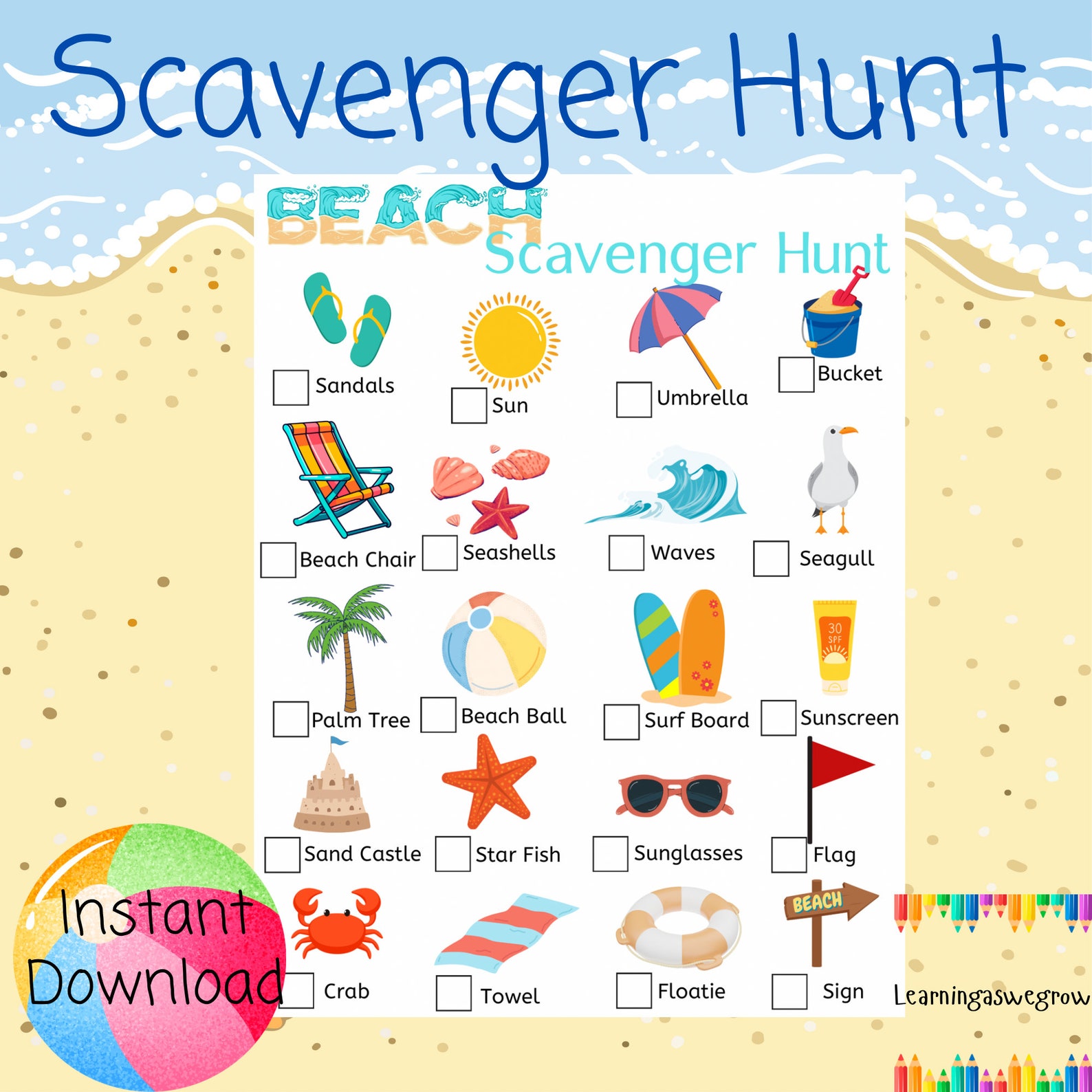 Beach Scavenger Hunt, Family Beach Game, Beach Activity for Kids ...