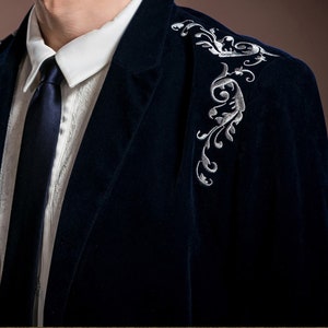 Men's Navy Velvet Embroidered Jacket: Custom Wedding Groomsmen Coat - Etsy